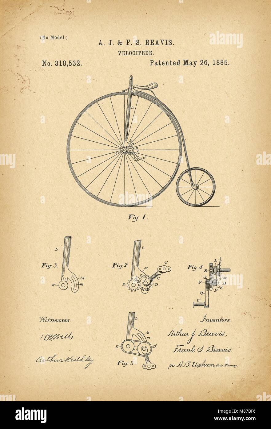 1885 Patent Velocipede Bicycle history invention Stock Photo - Alamy