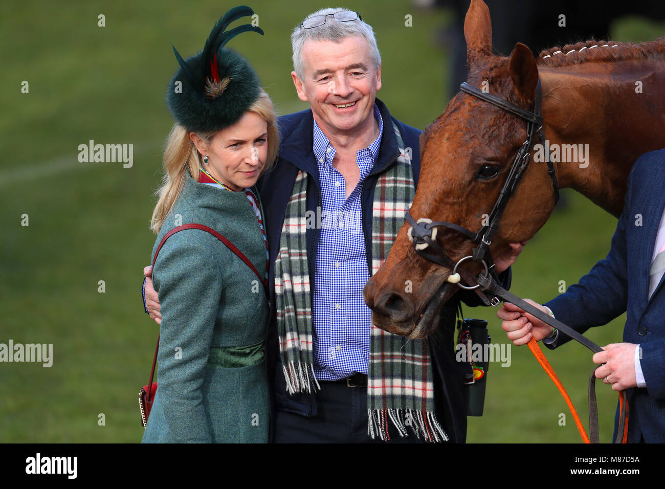 Owner Michael O'Leary celebrates after winning the Ryanair Steeple ...