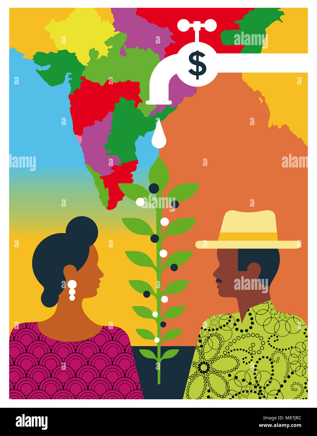 Couple with colorful map and plant being watered from faucet with ...