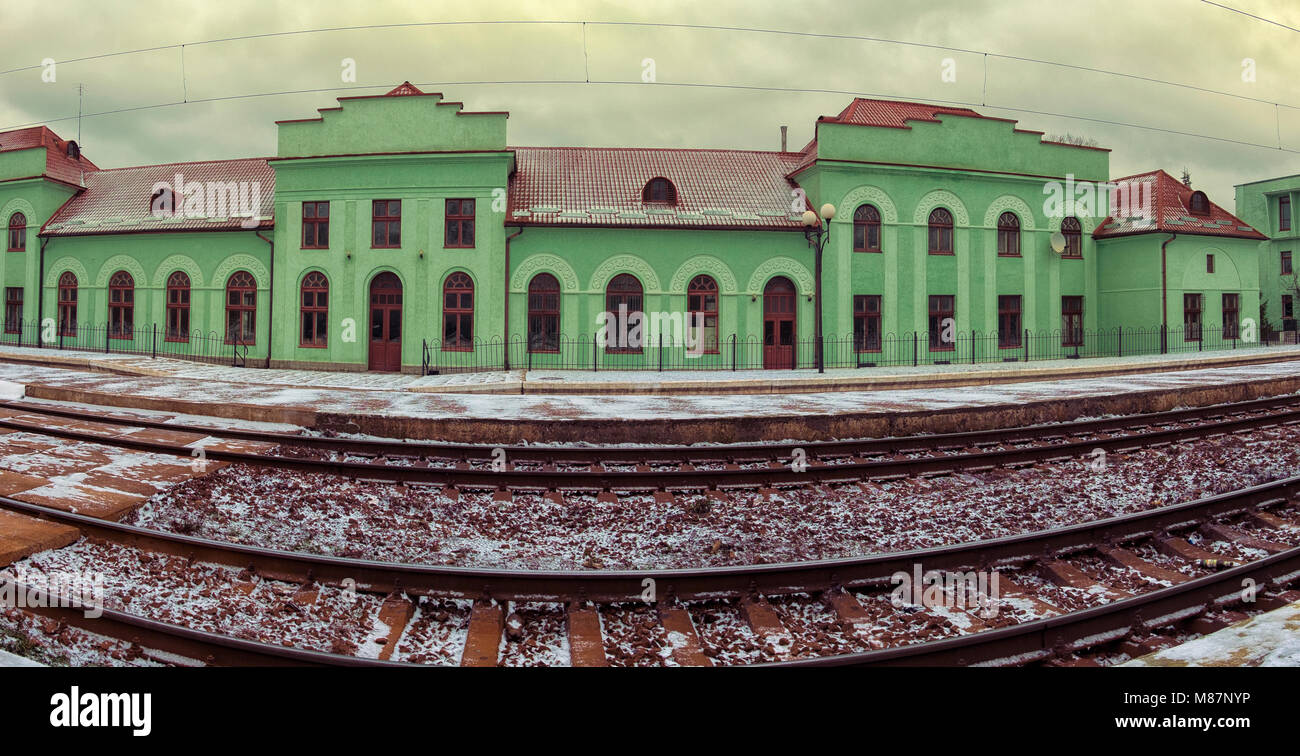 Old railway station of one small town in Ukraine in the panorama of the ...
