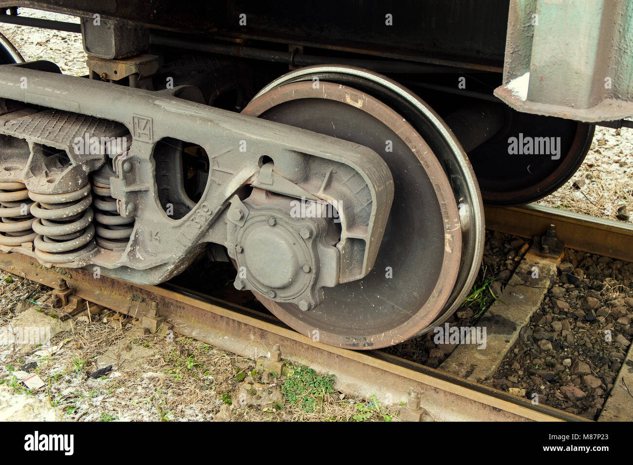 Wheel of a train with springs and a part of a suspension bracket Stock ...