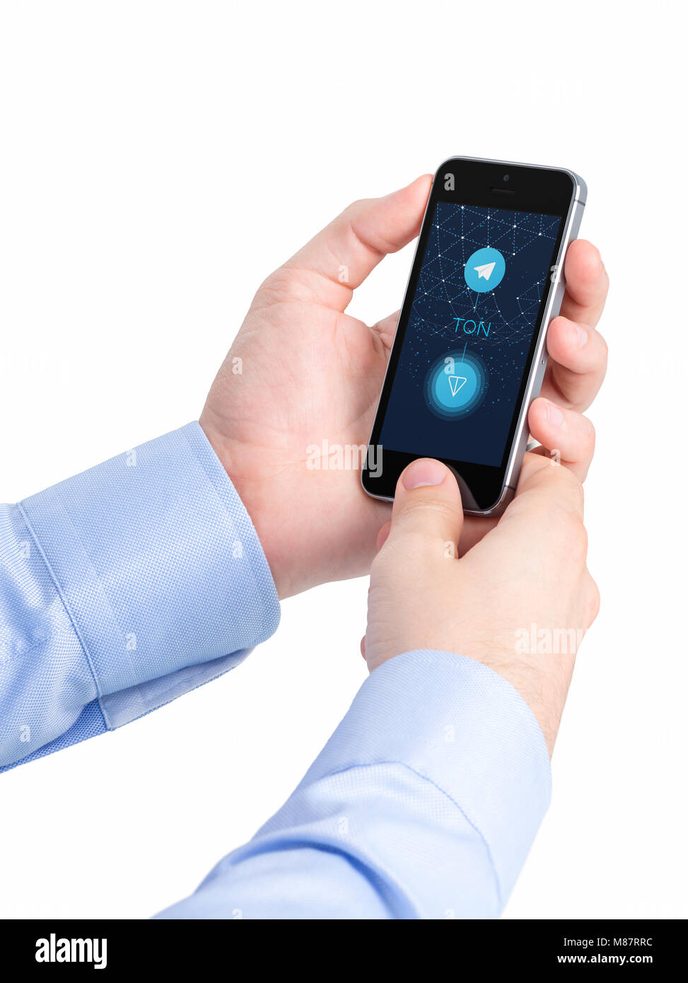 Telegram Open Network TON logo white paper on iPhone display in men ...