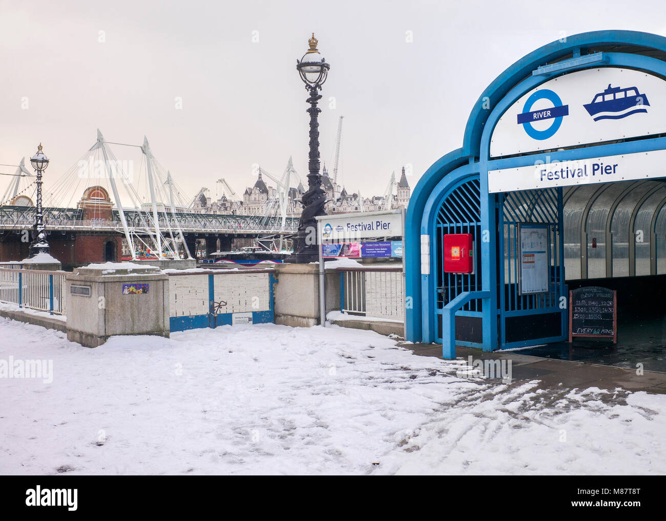Festival pier entrance on Thames southbank for city riverbus and cruise ...
