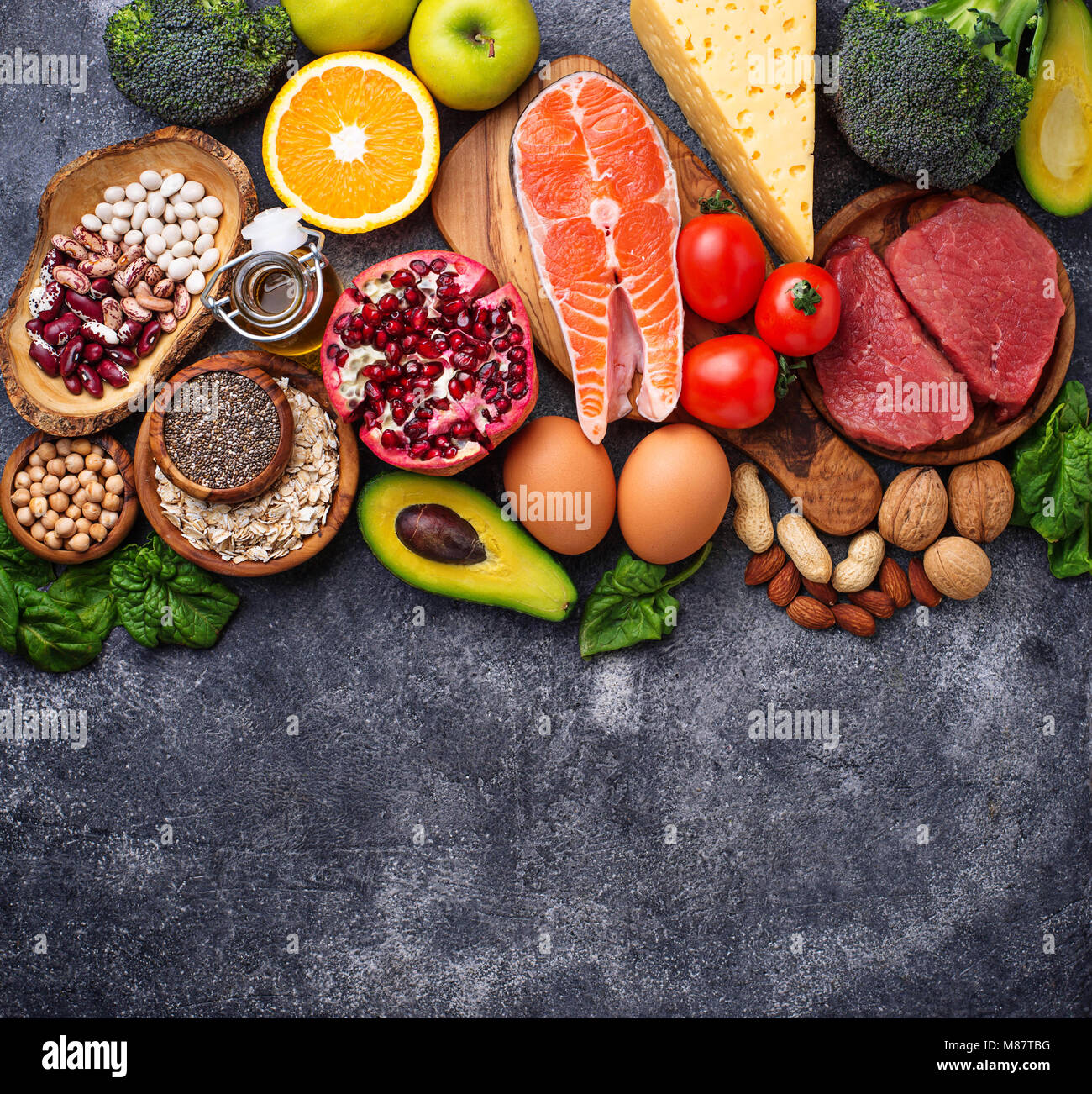 Meat, fish, legumes, nuts and vegetables Stock Photo - Alamy