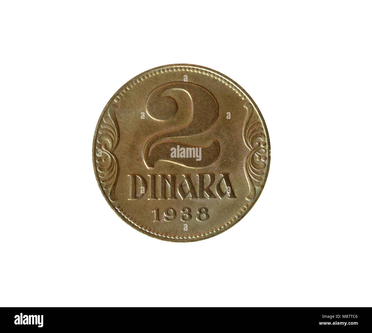 Reverse of 2 Dinar coin made by Yugoslavia in 1938 Stock Photo - Alamy