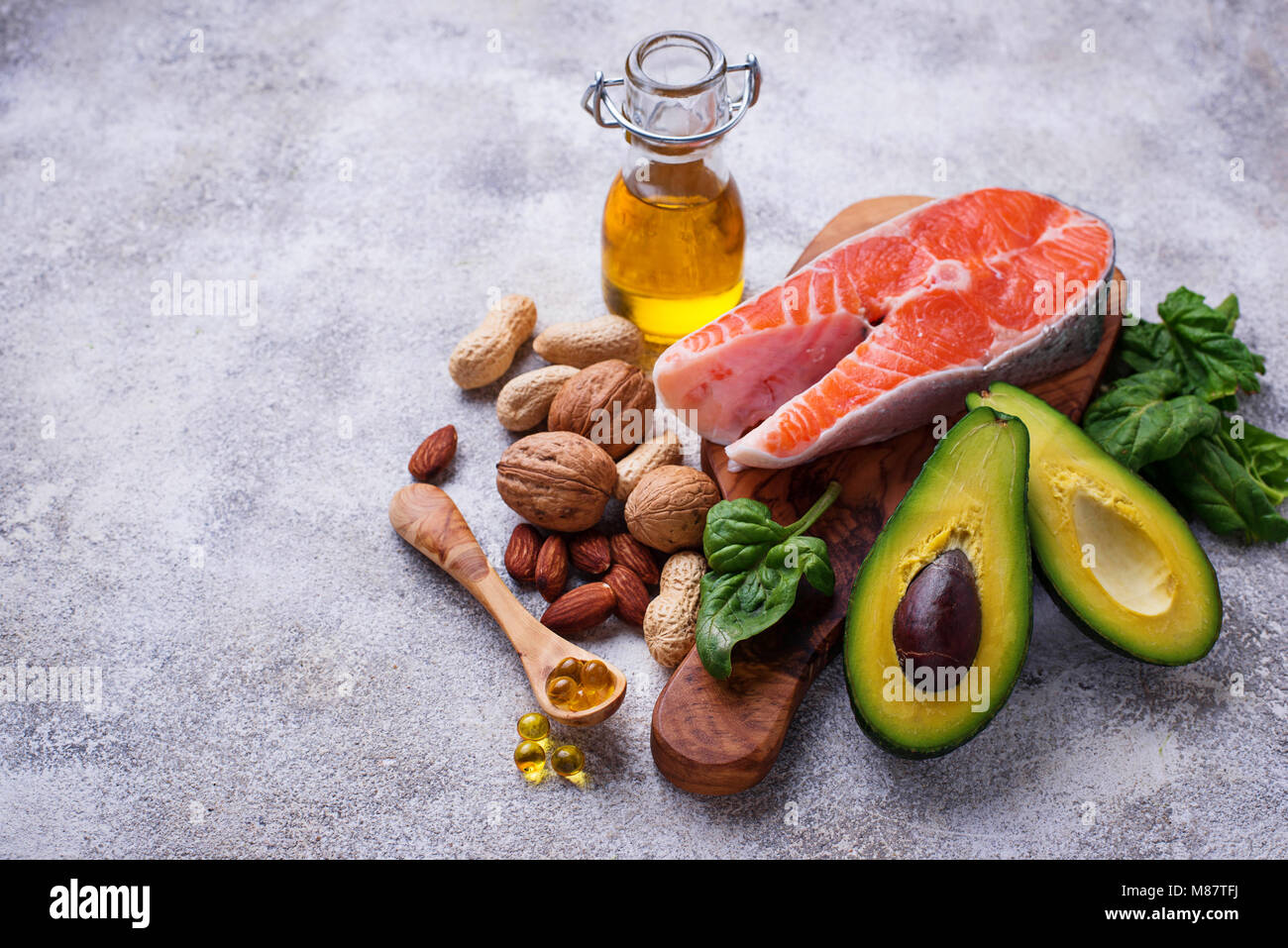 Selection of healthy fat and omega 3 sources Stock Photo - Alamy