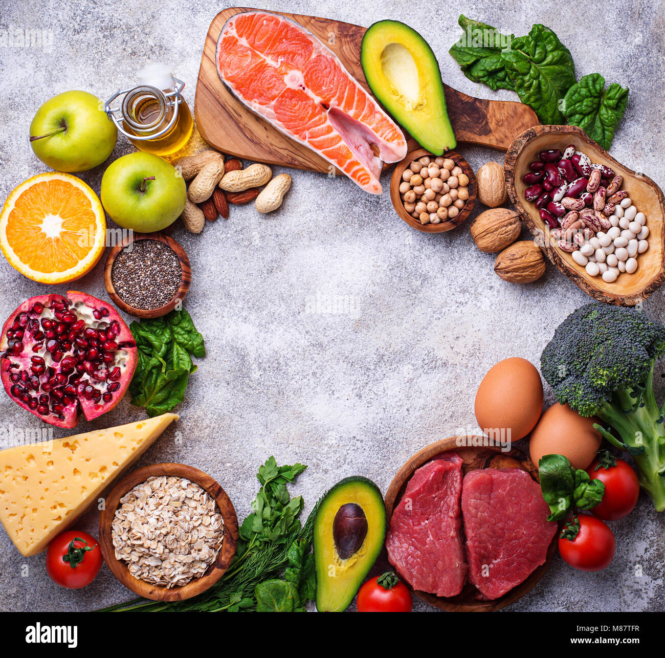 Meat, fish, legumes, nuts and vegetables Stock Photo - Alamy