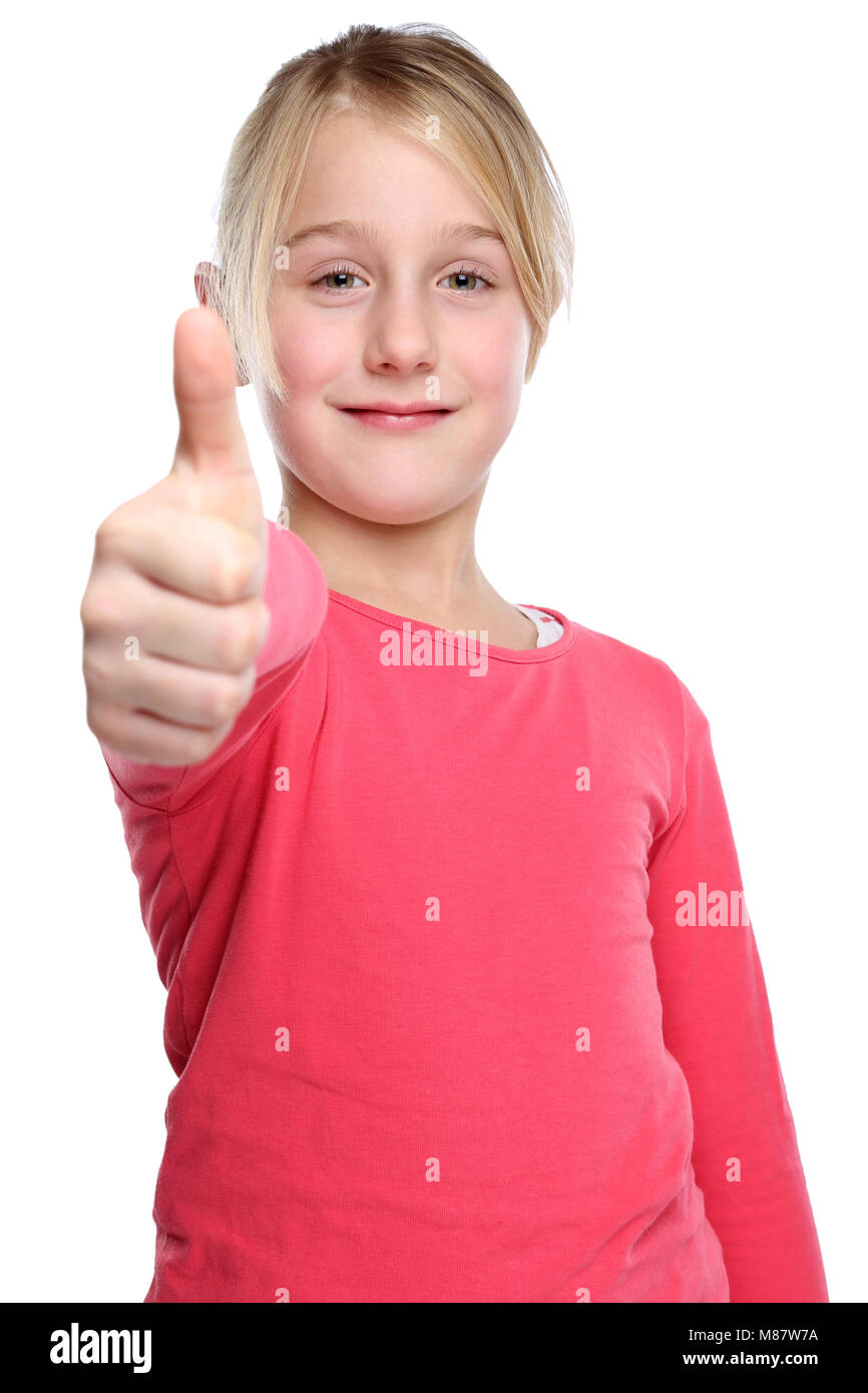 Child kid smiling young girl success thumbs up isolated on a white ...