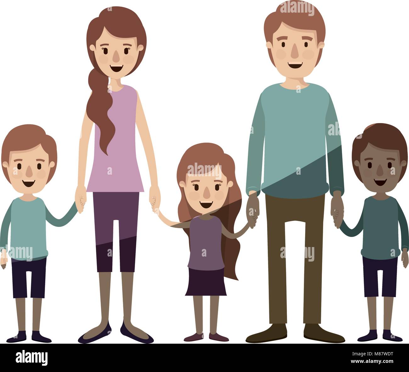 light color shading caricature family with young parents and little ...