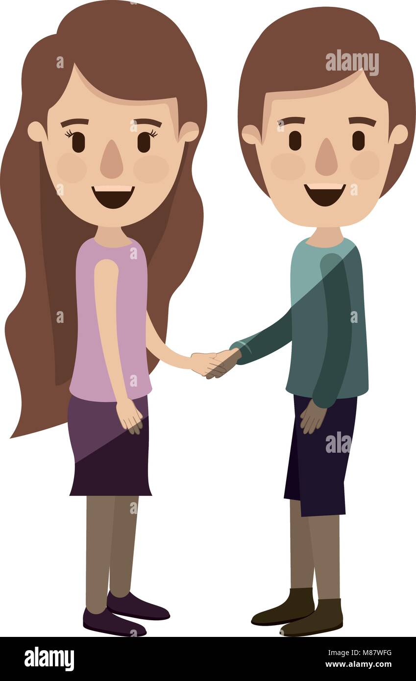 light color shading caricature side view full body couple in casual ...