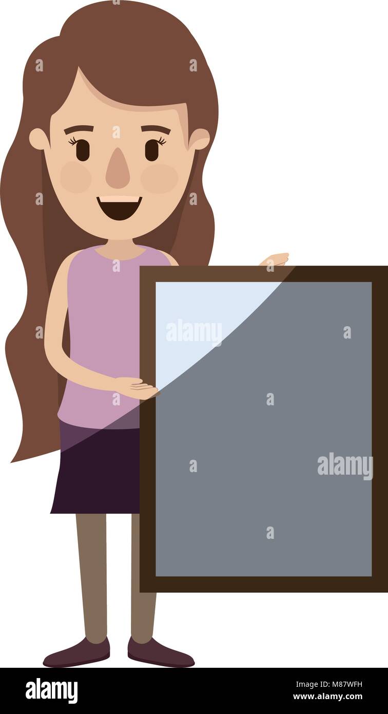 light color shading caricature full body woman holding a square poster ...