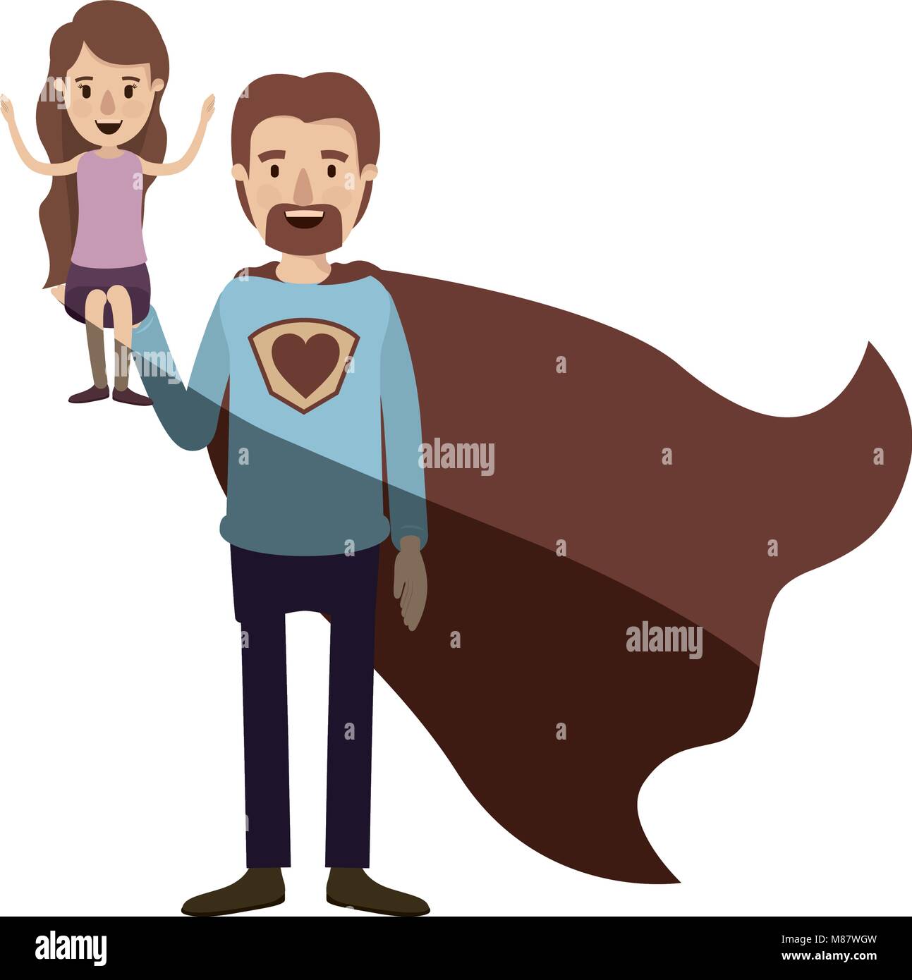 light color shading caricature full body super dad hero with girl on ...
