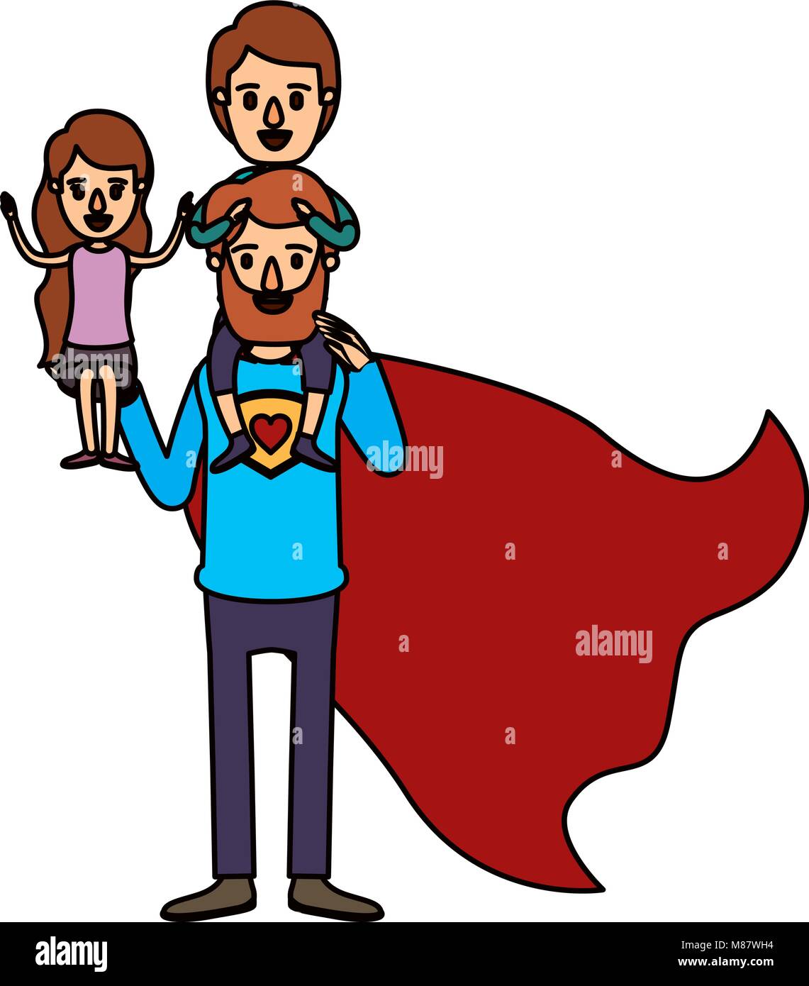 color image caricature full body super dad hero with girl on his hand ...