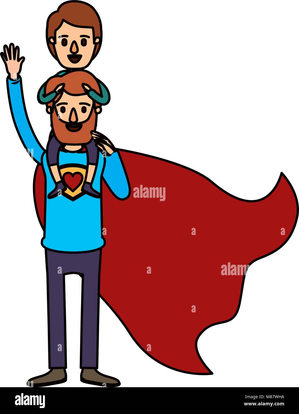 color image caricature full body super dad hero with boy on his back ...
