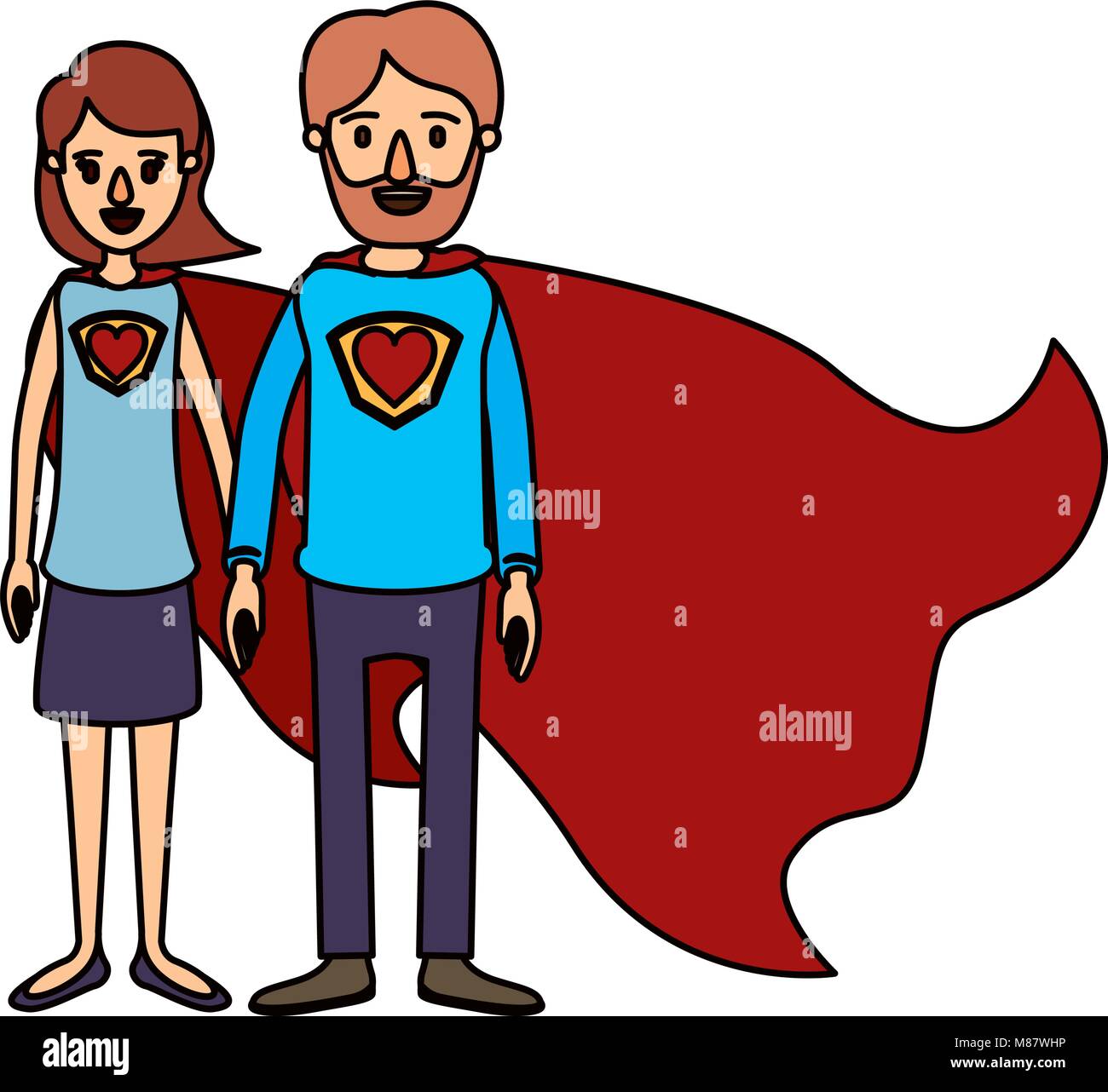 color image caricature full body couple parents super hero with heart ...