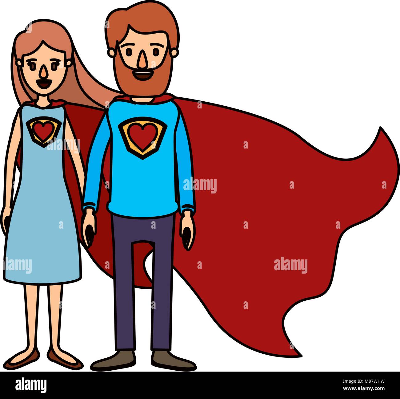 color image caricature full body couple parents super hero with uniform ...