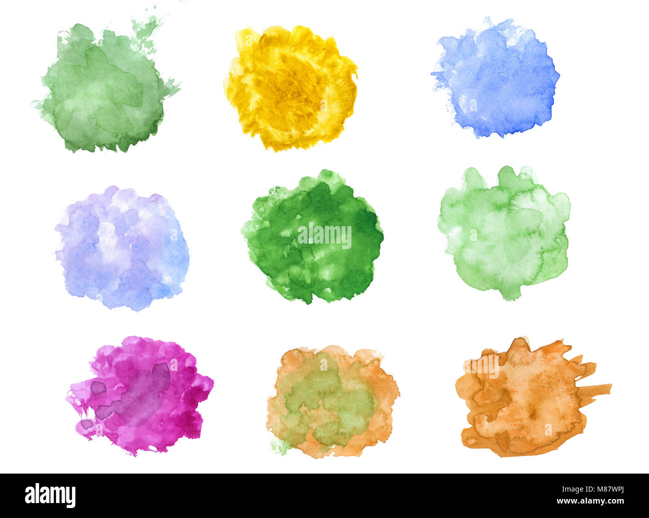 various watercolor spots / splashes isolated on white. hand drawn ...