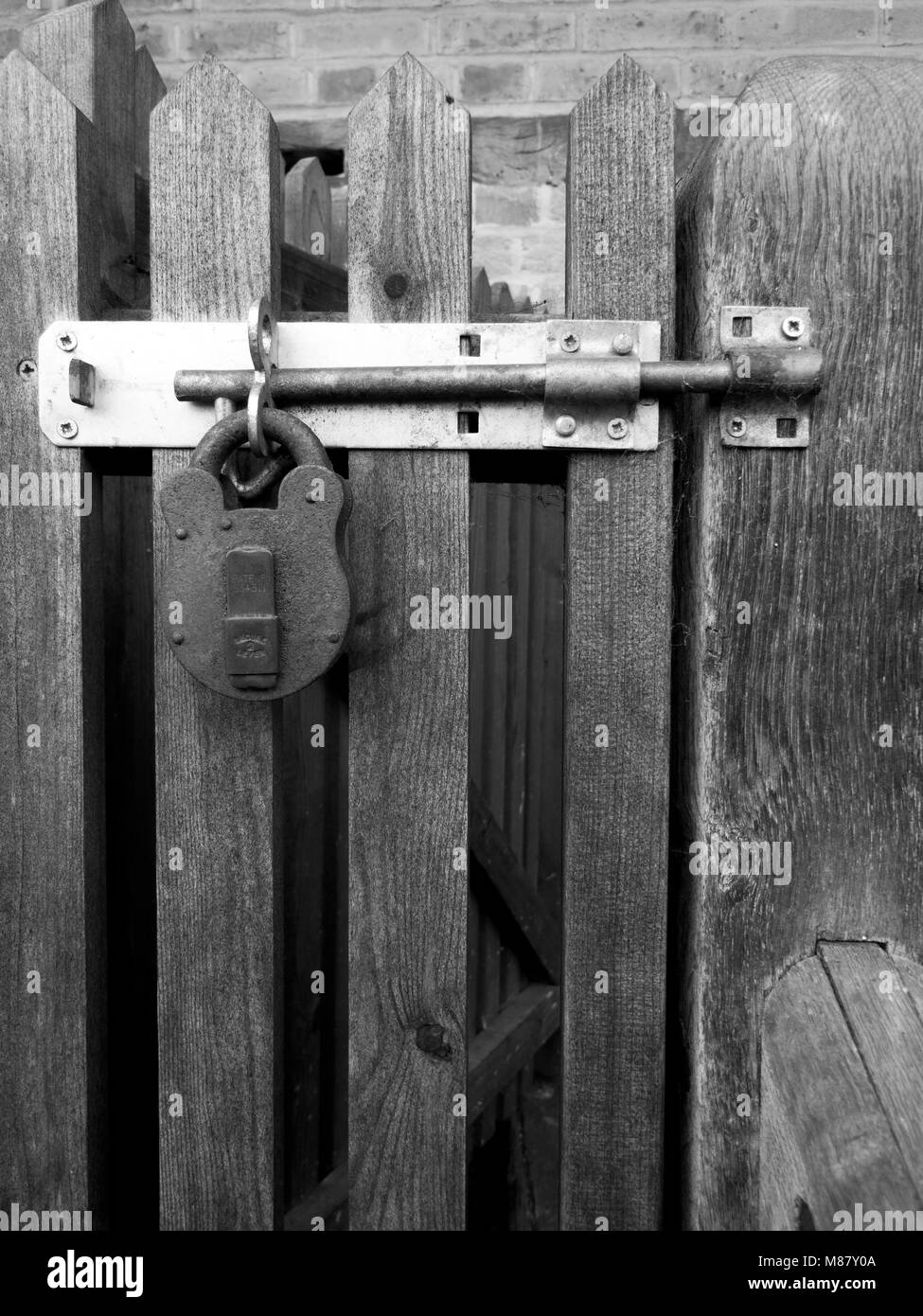 Rusty padlock clasp and staple securing timber gate to side of ...