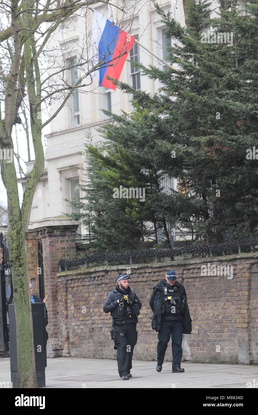 London, UK. 15th March, 2018. Business as usual at the Russian Embassy ...