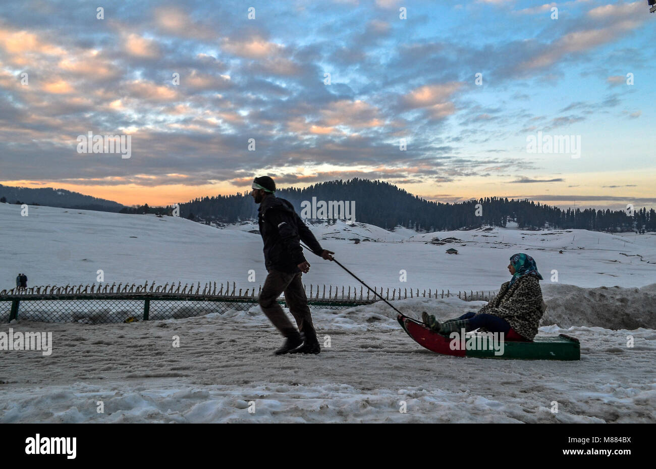 March 15, 2018 - Gulmarg, J&K, India - An Indian tourist enjoys a ride ...
