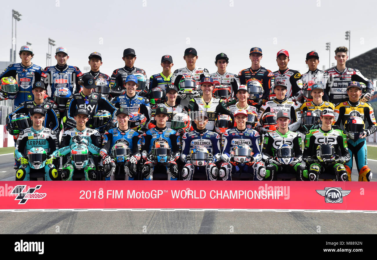 Doha. 15th Mar, 2018. The Moto3 riders pose for the official photo on ...