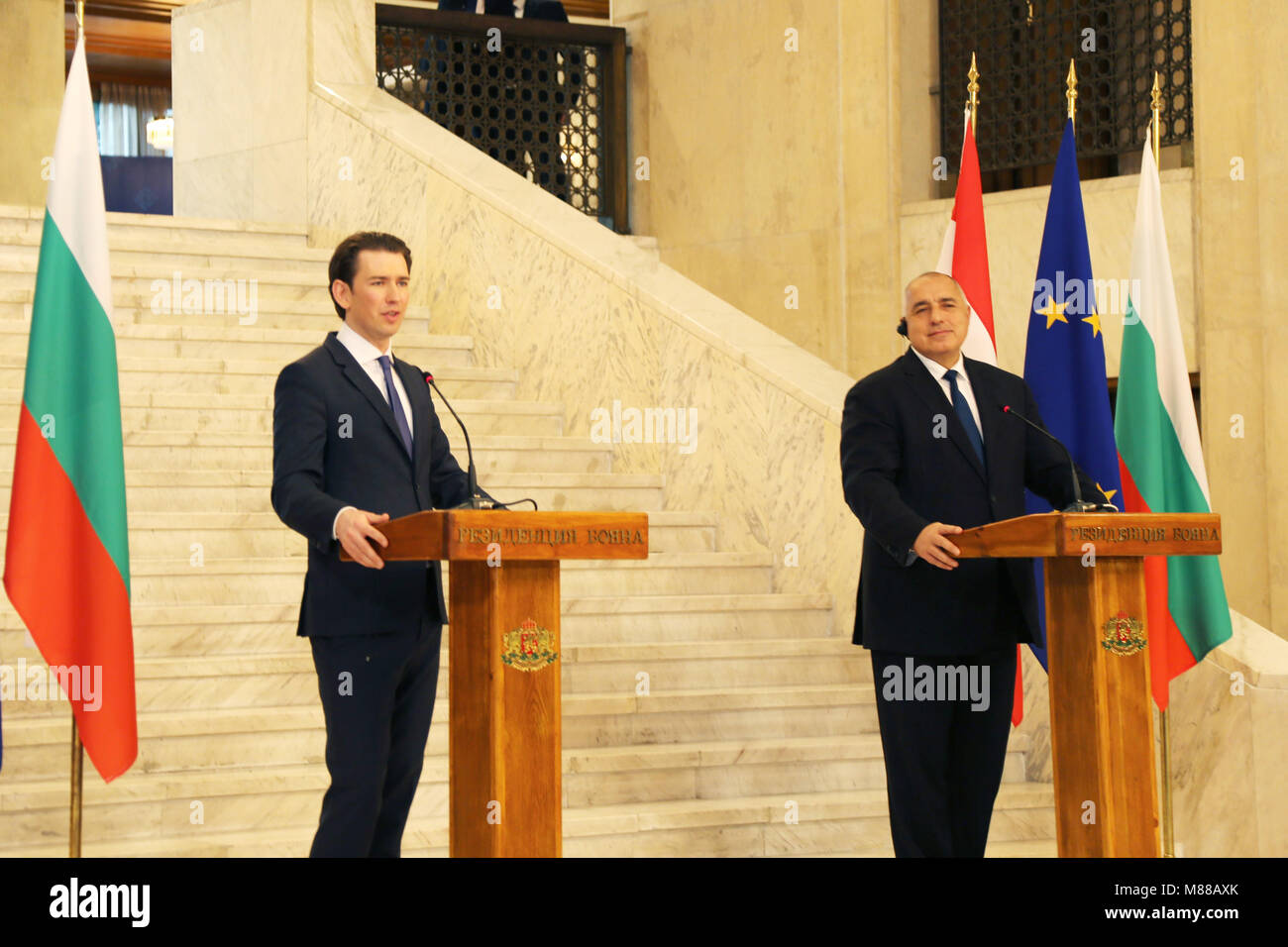 Sofia. 15th Mar, 2018. Bulgarian Prime Minister Boyko Borissov (R) and ...