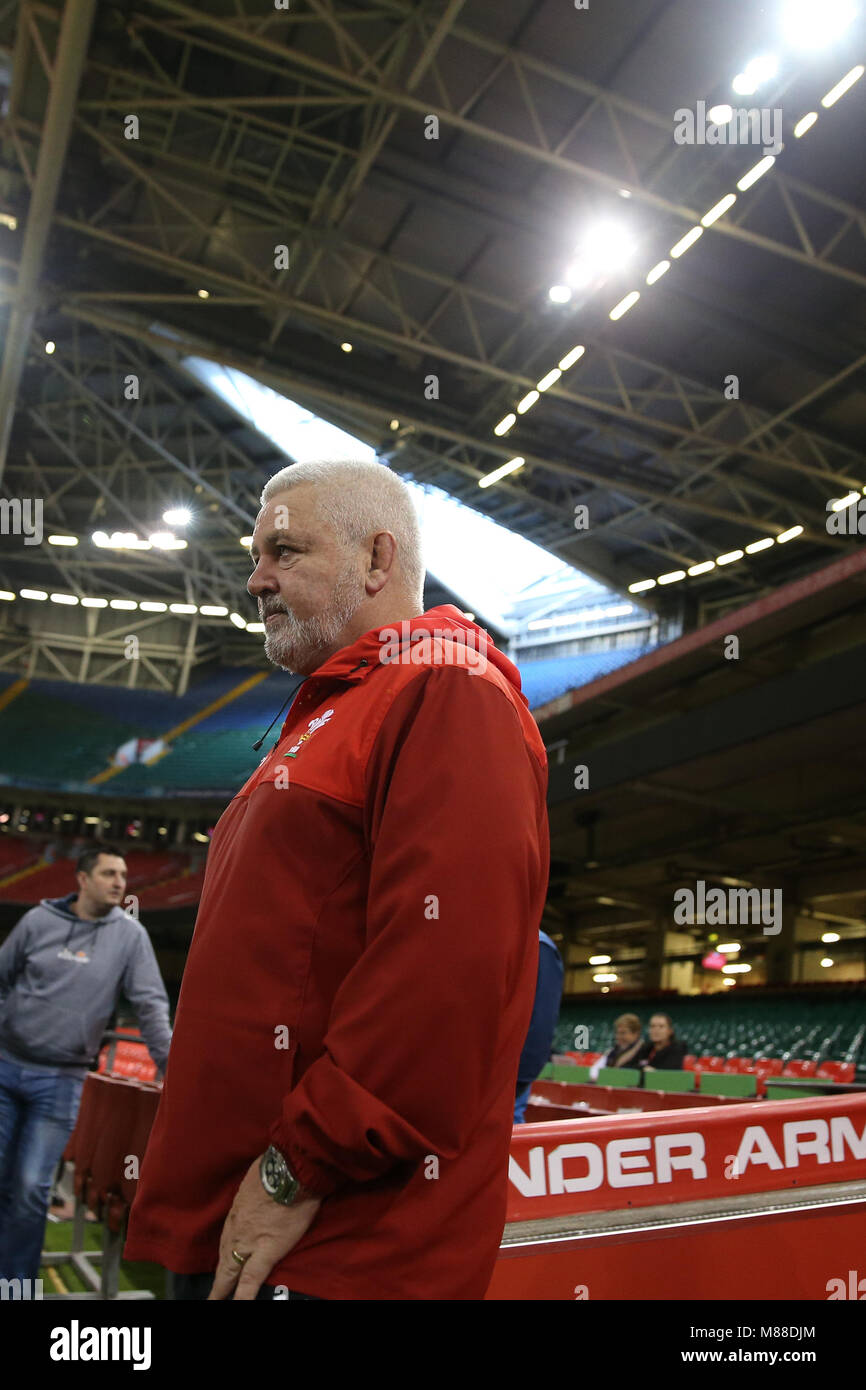 Cardiff, UK. 16th Mar, 2018. Warren Gatland, the Wales rugby team head ...