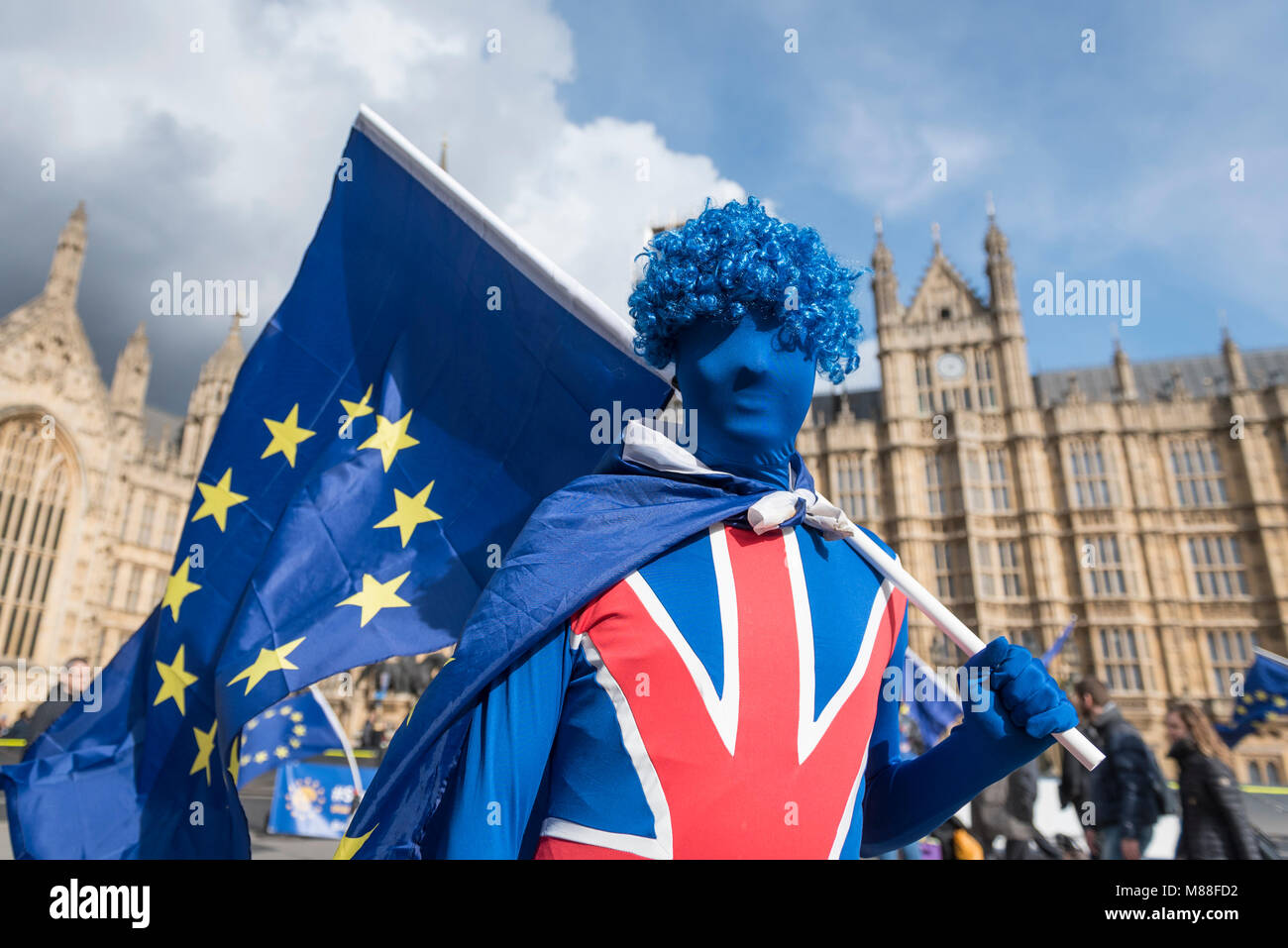 London Uk 16 March 2018 An Anti Brexit Protester Wearing A Wig And