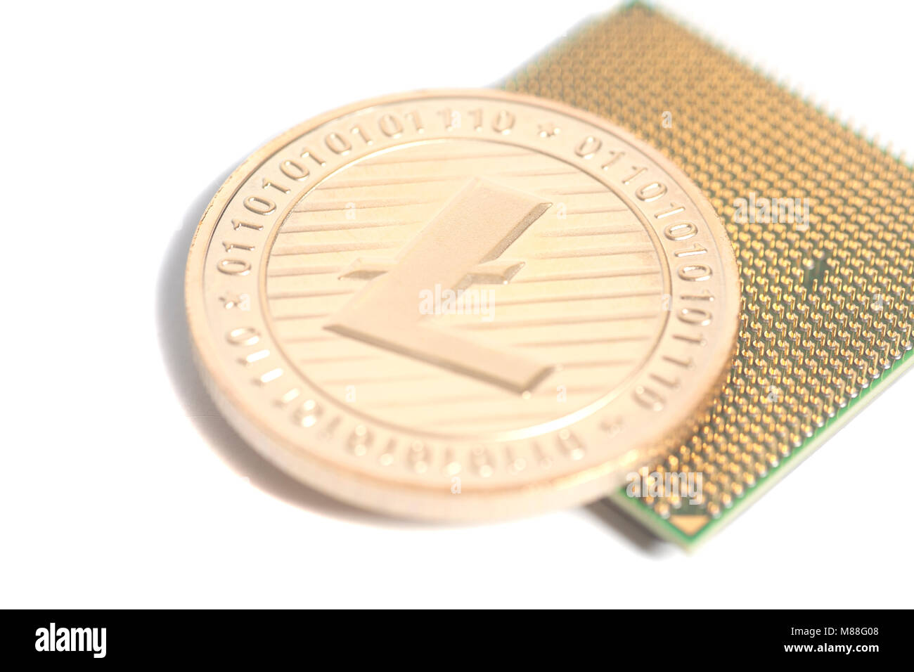 Central processing unit CPU microchip with golden Litecoin on white ...
