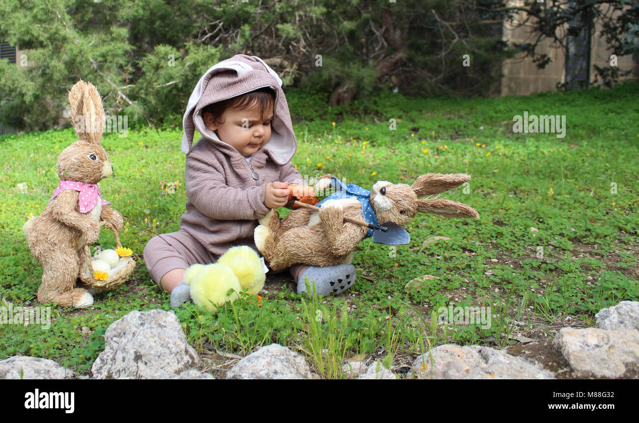 one year baby boy playing on the grass in rabbit suit Stock Photo - Alamy