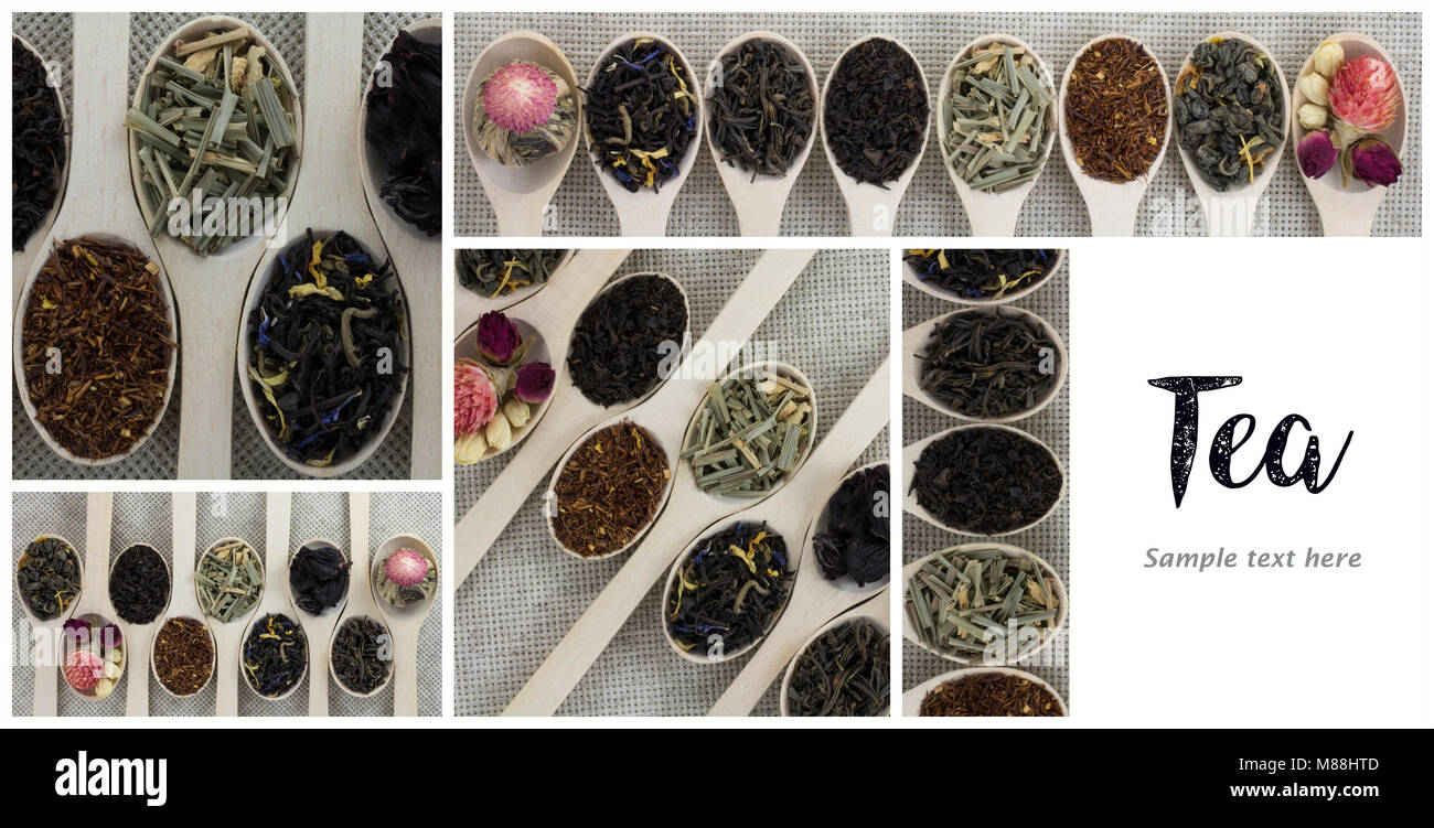 Collage of different varieties and types of tea in assortment ...