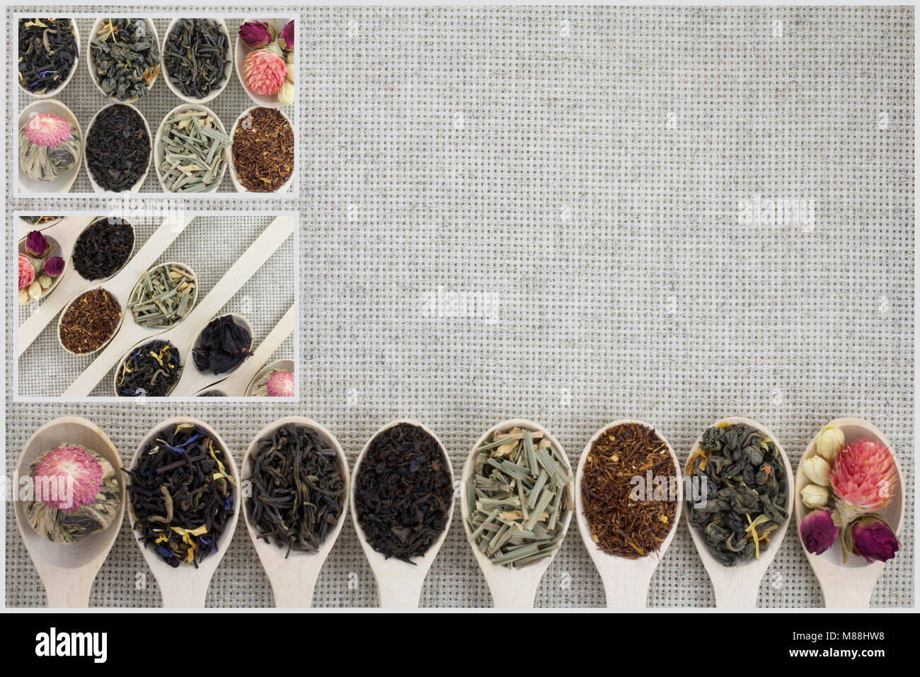 Collage of different varieties and types of tea in assortment ...