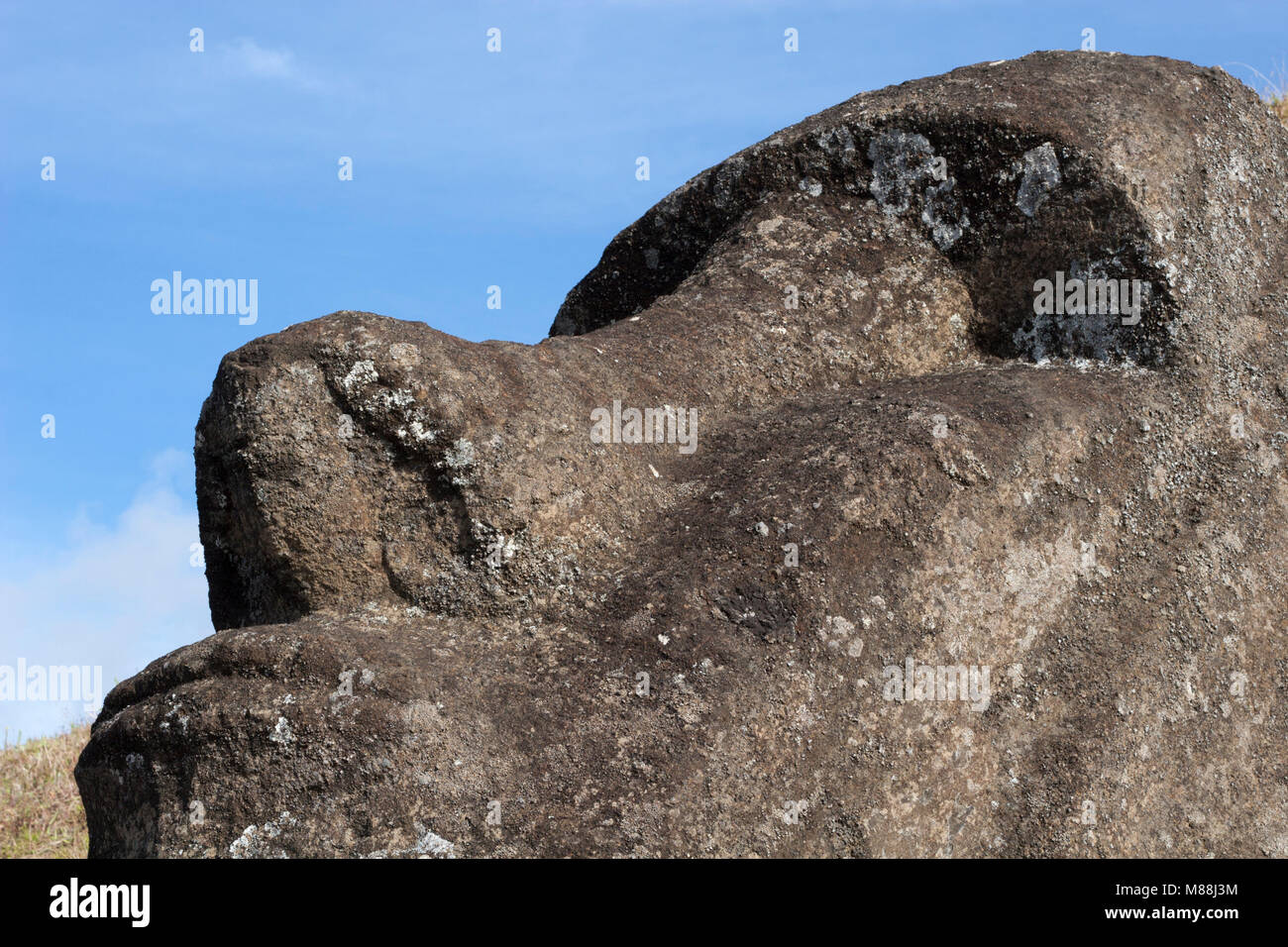 Leaning old tone head close up in Rano Raraku moai quarry on Easter ...