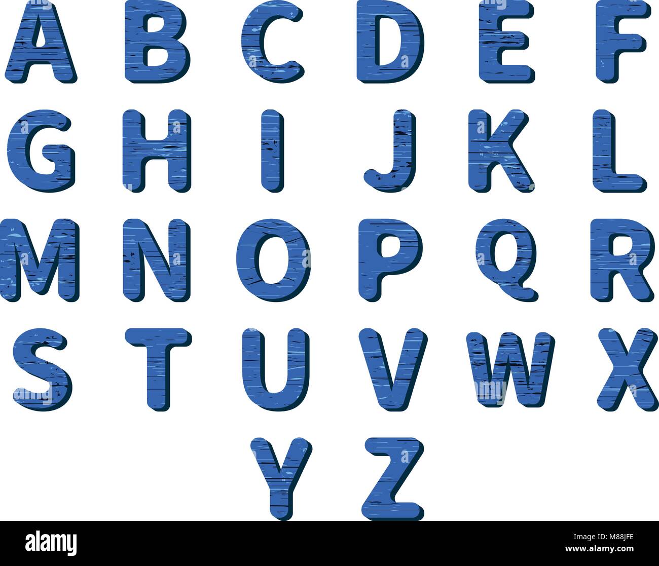 Vector wooden cut out 3d alphabet. Blue color wood texture, display ...