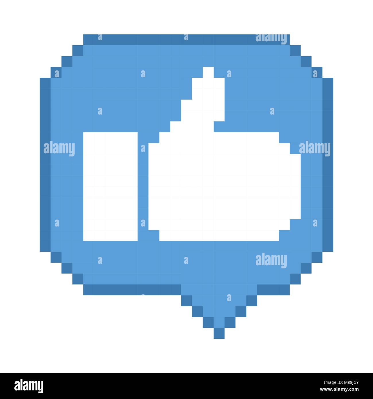 Vector pixel 8 bit blue bubble with white thumb up sign. Social ...