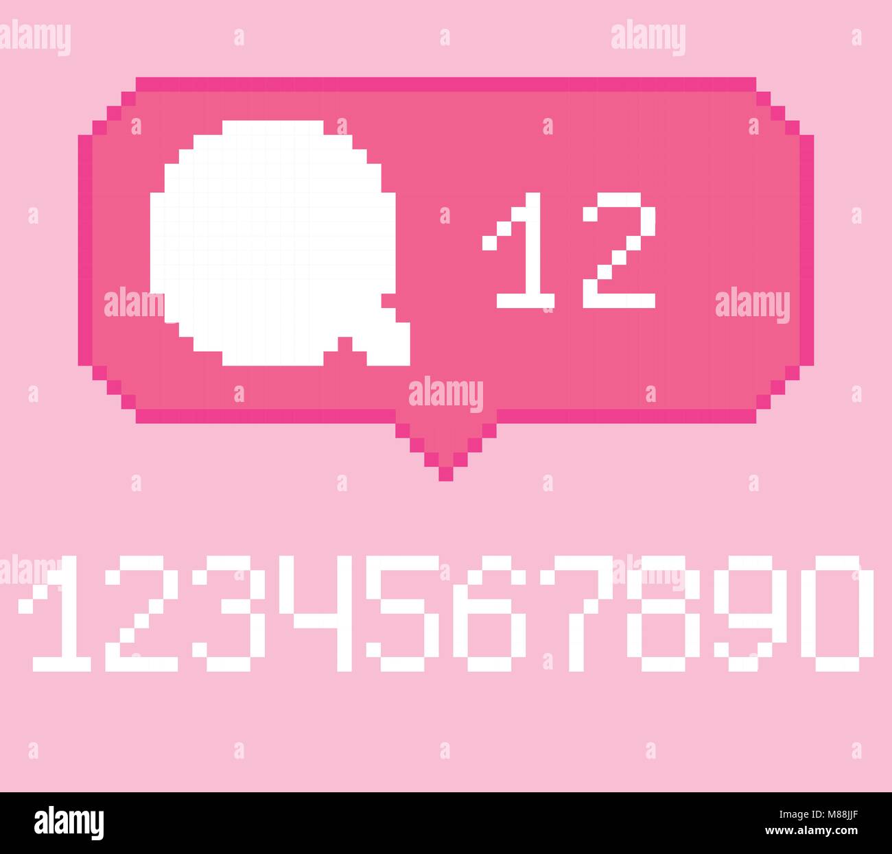Vector pixel 8 bit pink bubble with white comment sign and digits. 0-9 ...