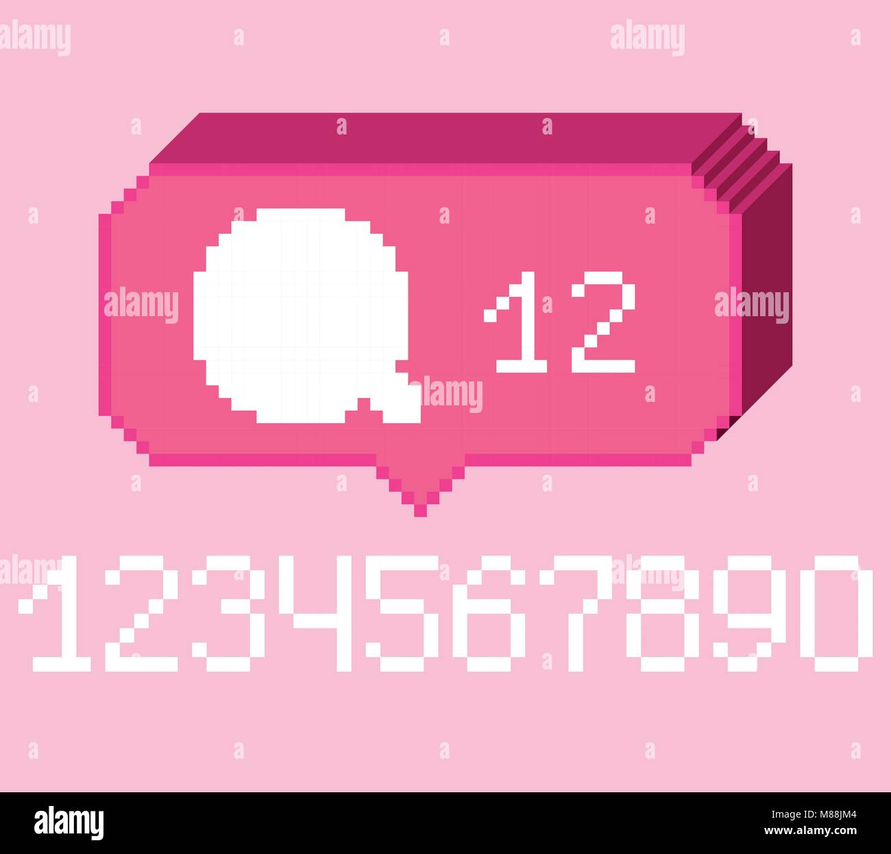Vector pixel 8 bit pink 3D bubble with white comment sign and digits. 0 ...
