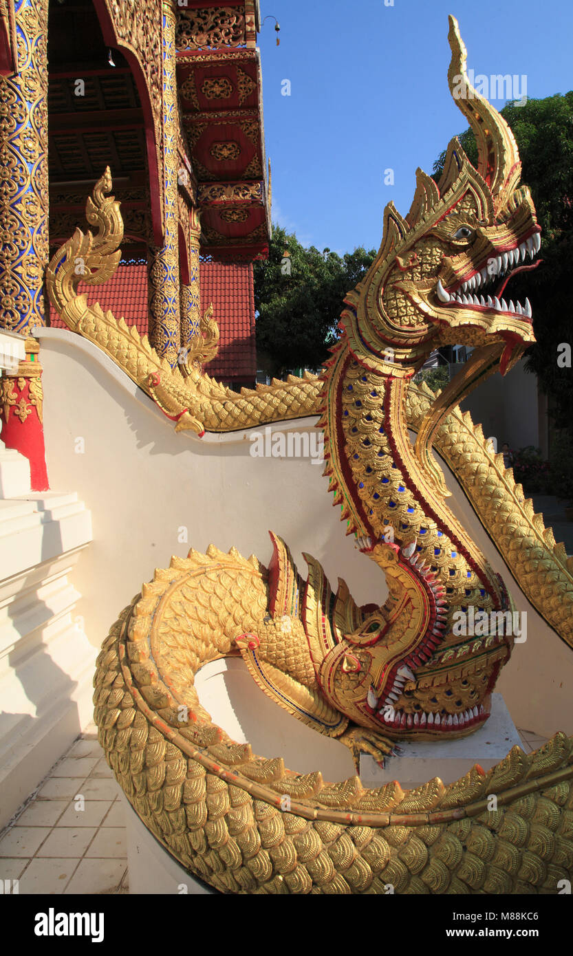 Thailand; Chiang Mai, Wat Dok Euang, buddhist temple, Naga serpent ...