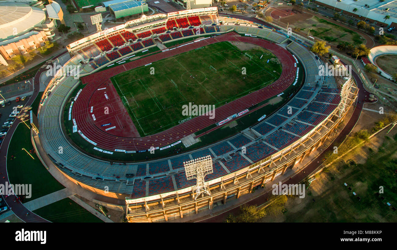 Aerial view of the soccer field and athletics track of the Heroe de ...