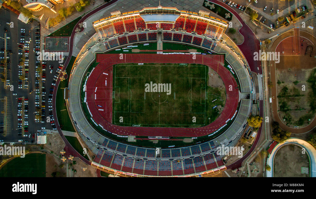 Aerial view of the soccer field and athletics track of the Heroe de ...