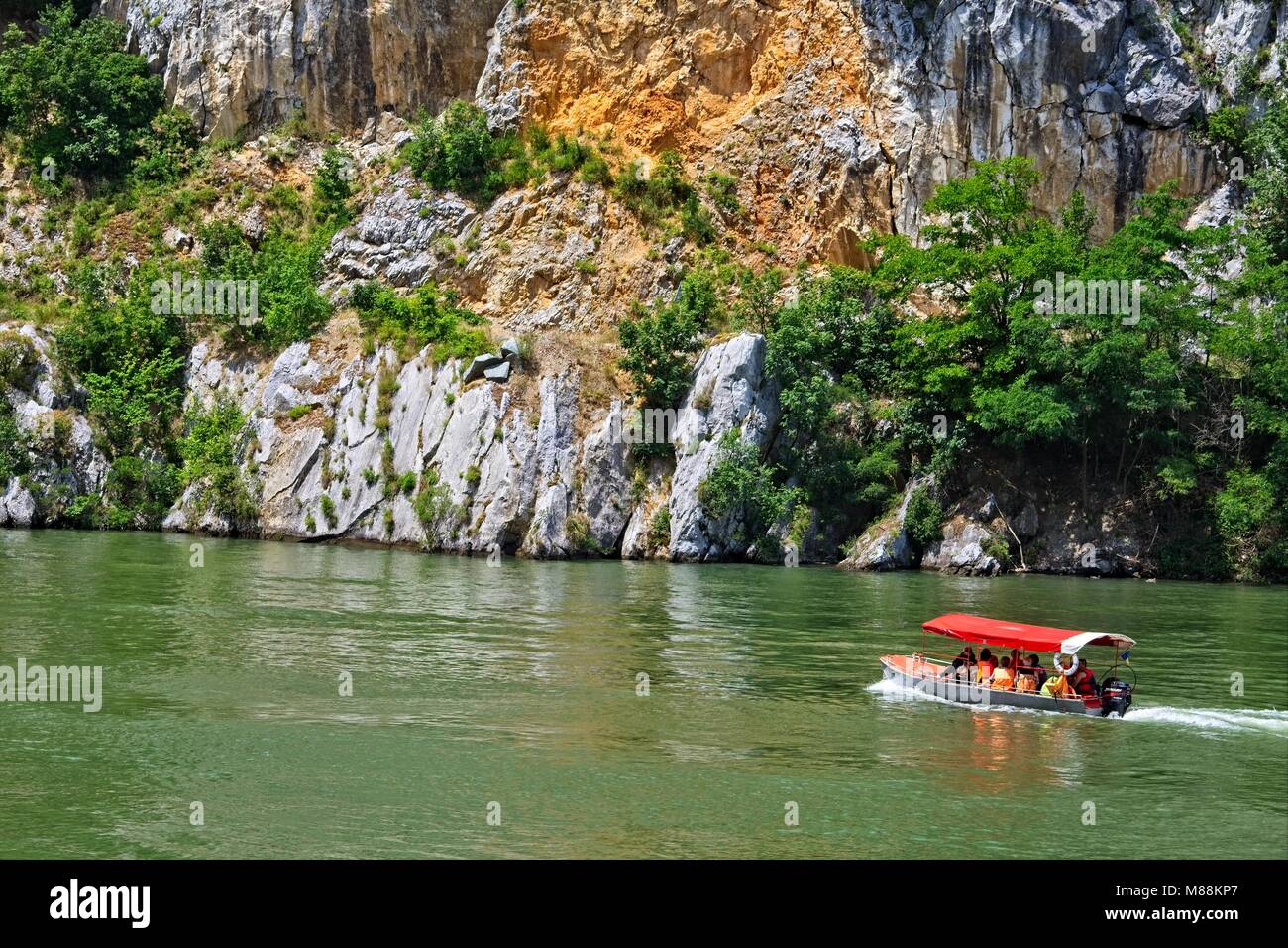TOURISTS VIEWING THE IRON GATES GORGE ON THE RIVER DANUBE Stock Photo ...