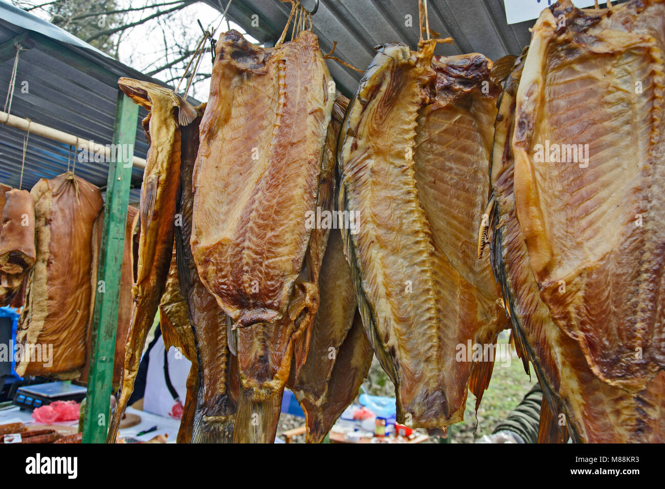 The specialty of fish market carp smoked and dried Stock Photo - Alamy