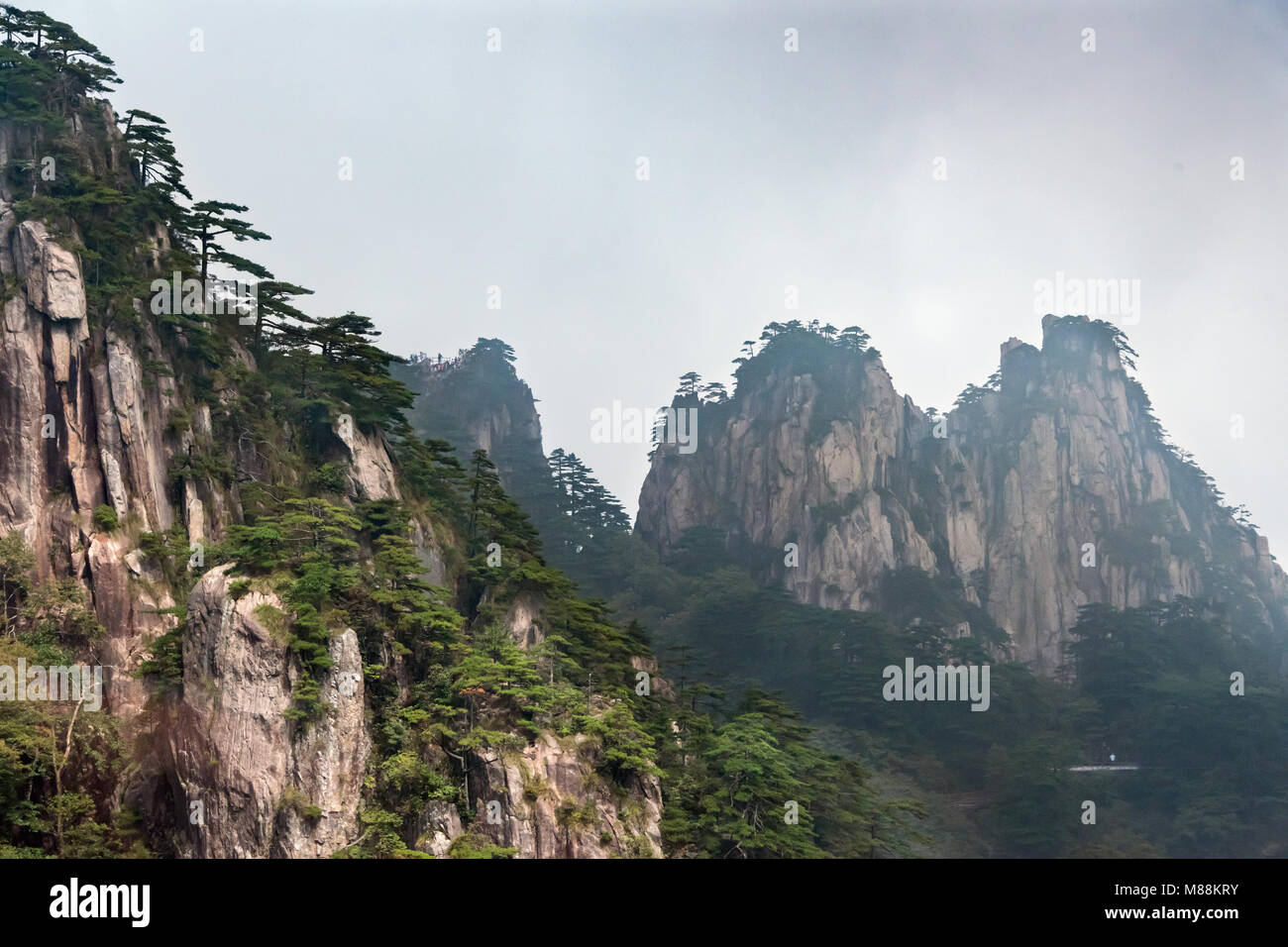 Distant walkway for viewing the rock formations of the Huangshan ...