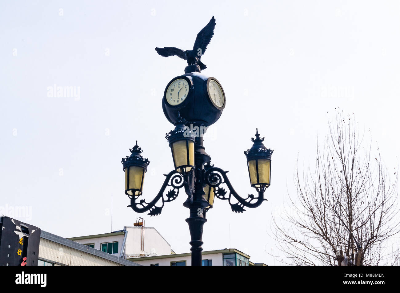 HUNCHUN, JILIN, CHINA - March 8, 2018: Street Lantern on Hunchun Street ...