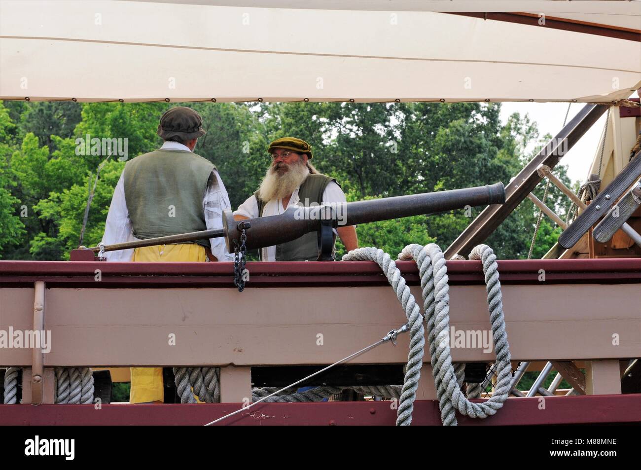 Sailors aboard the ship, Susan Constant. Jamestown harbor Jamestown ...