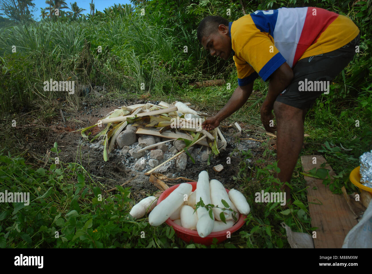Preparation for Lovo, a traditional meal cooked in the ground, Rakiraki ...