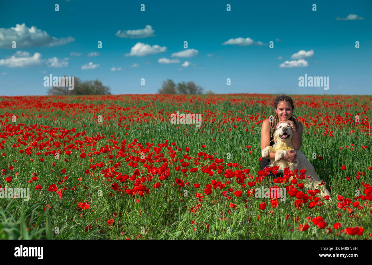 Girl with dreadlocks is walking with two lovely dogs in poppy field ...