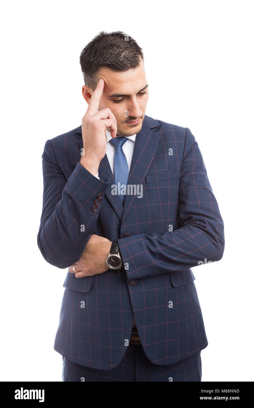 Worried sales man or broker thinking gesture isolated on white studio ...