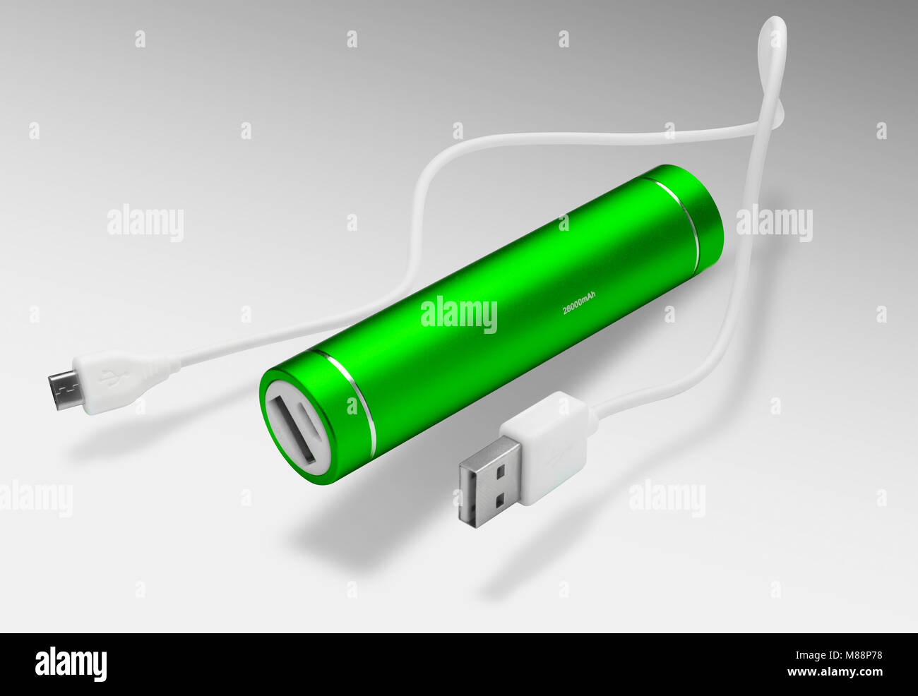 Green Power bank floating at grey background, portable size with usb ...