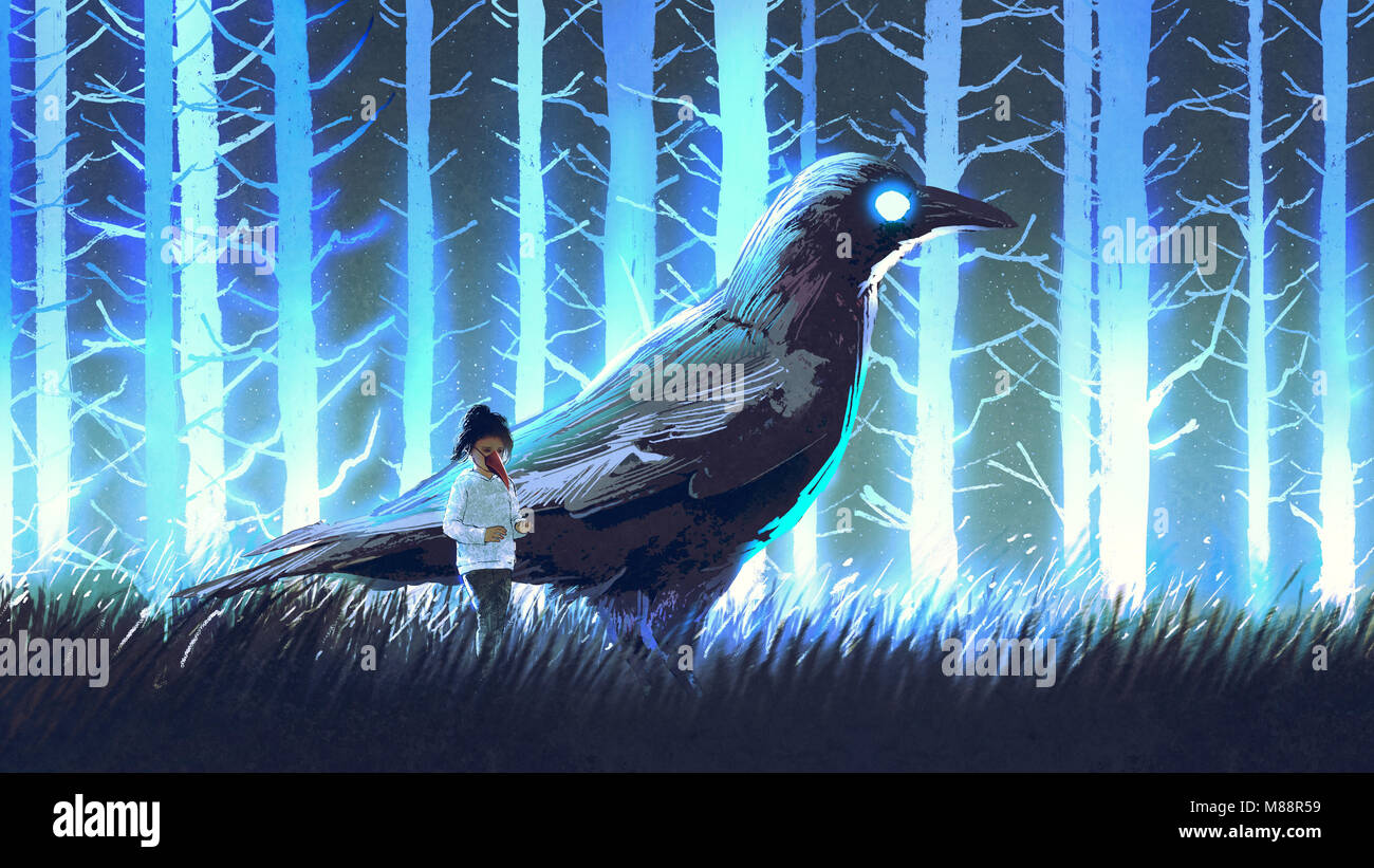 little girl with her big crow standing in blue forest with glowing ...